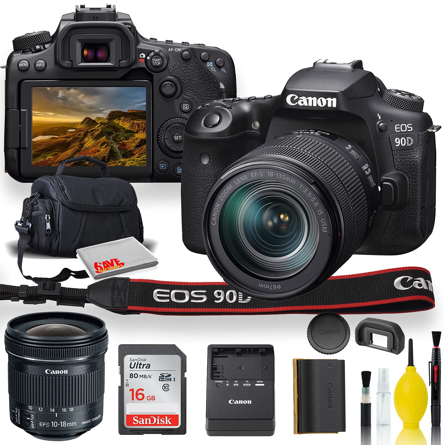 Canon EOS 90D DSLR Camera with 18-135mm Lens, Canon EF-S 10-18mm f/4.5-5.6 is STM Lens, Soft Padded Case, Memory Card, More (International Model) (Renewed)
