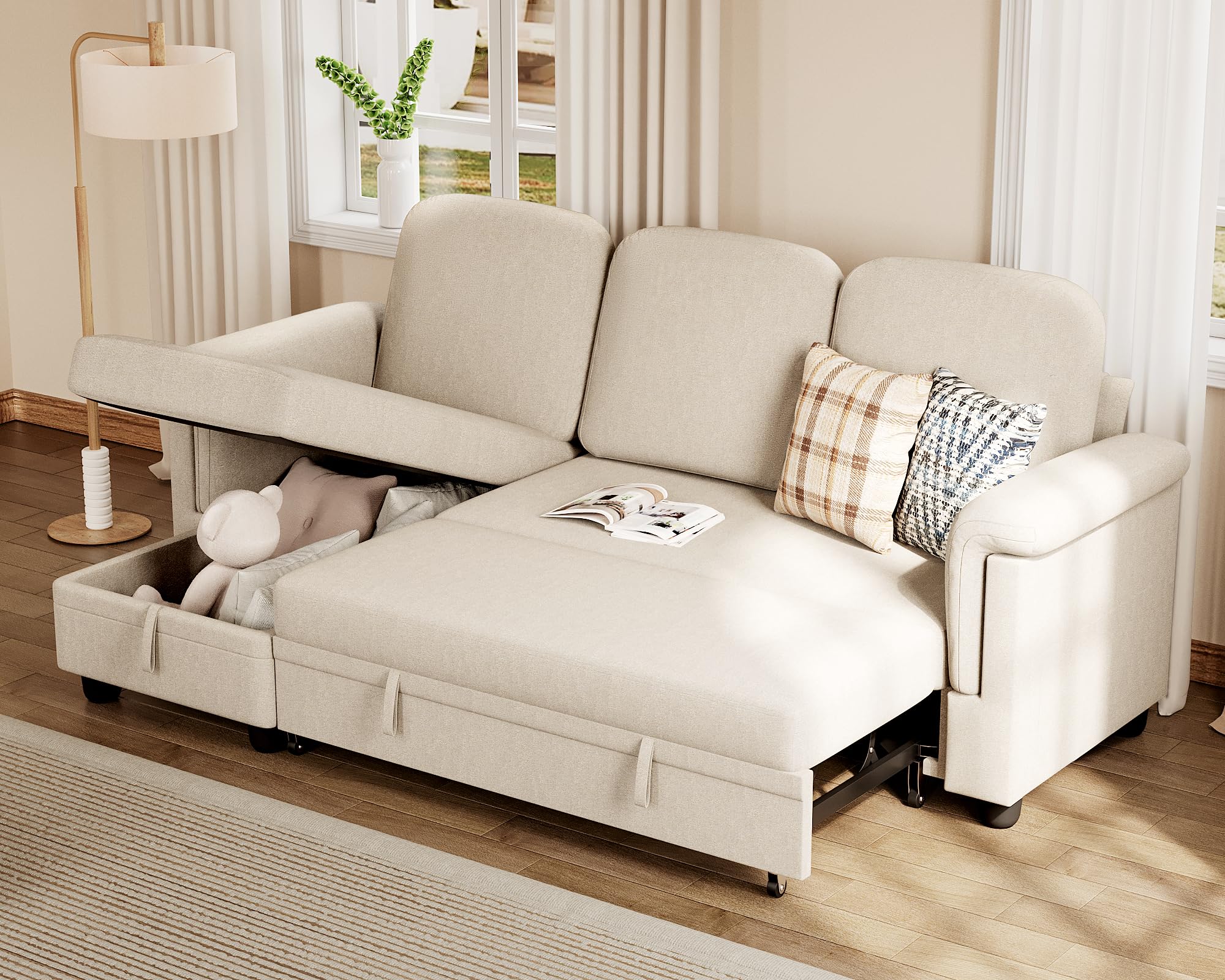 Furmax Sofa Bed Pull Out Couch with Side Storage Pockets L-Shaped Sleeper Sofa with Storage Chaise Sectional Couches for Living Room, Small Apartments (Linen, Beige)