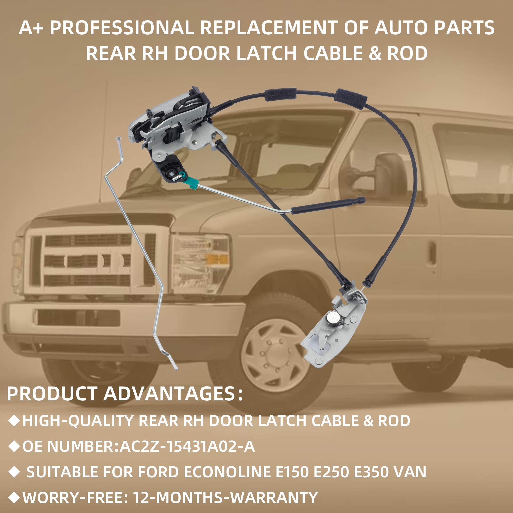 Dasbecan Rear Right Back Door Lock Latch Cable & Rod Compatible with Ford Econoline E150 E250 E350 Van 1992-2014 Replace# AC2Z-15431A02-A 6C2Z-15431A02-AA 8C2Z-15431A02-C