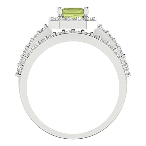 Clara Pucci 2.20ct Emerald Cut Halo Solitaire Natural Peridot Engagement Promise Anniversary Bridal Ring Band set 18K White Gold 9