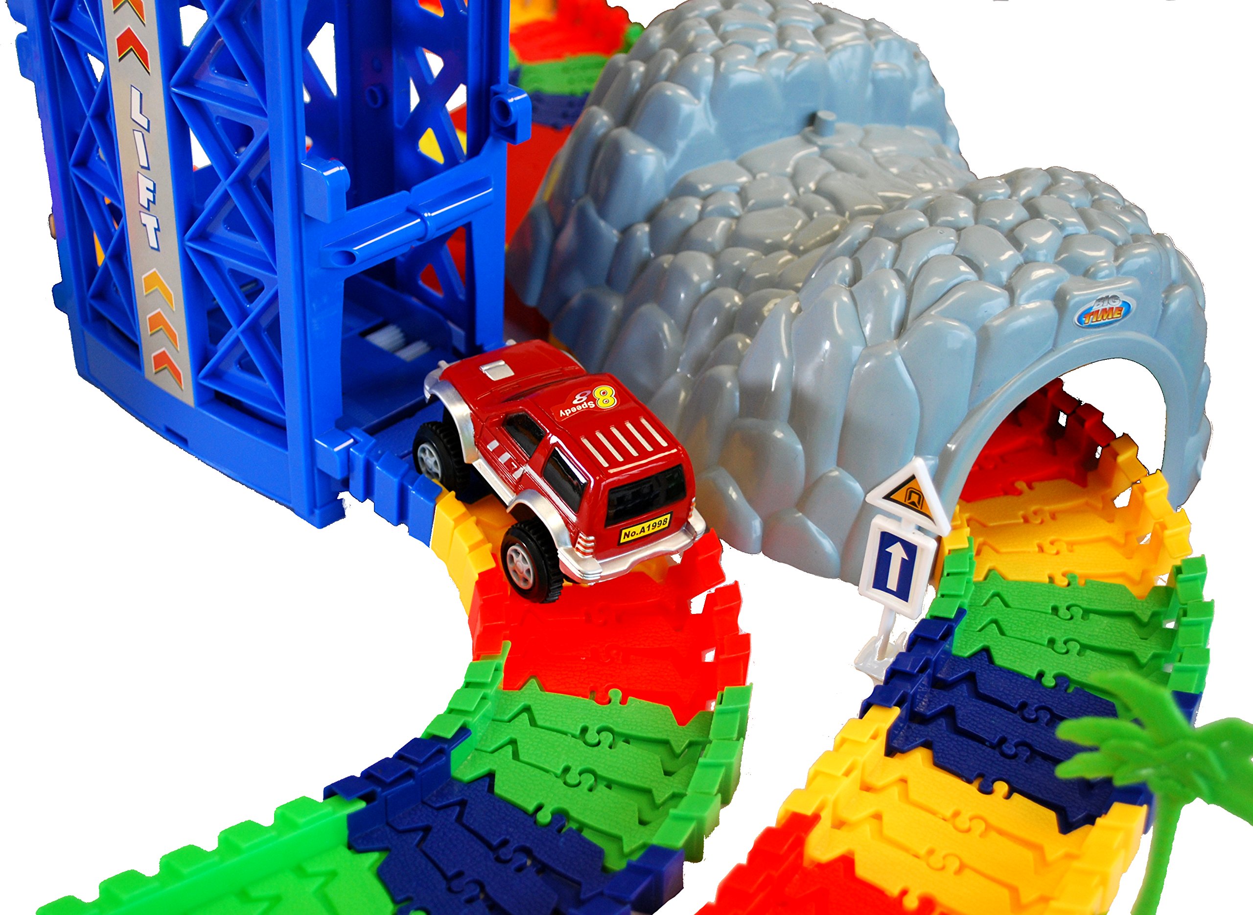 MMP Living Super Snap Speedway - Deluxe Bend and Flex Track Set with 3 Electric Cars, Tunnels, Bridge, Elevator, ramp, Track Merge and Accessories - Over 300 Pieces