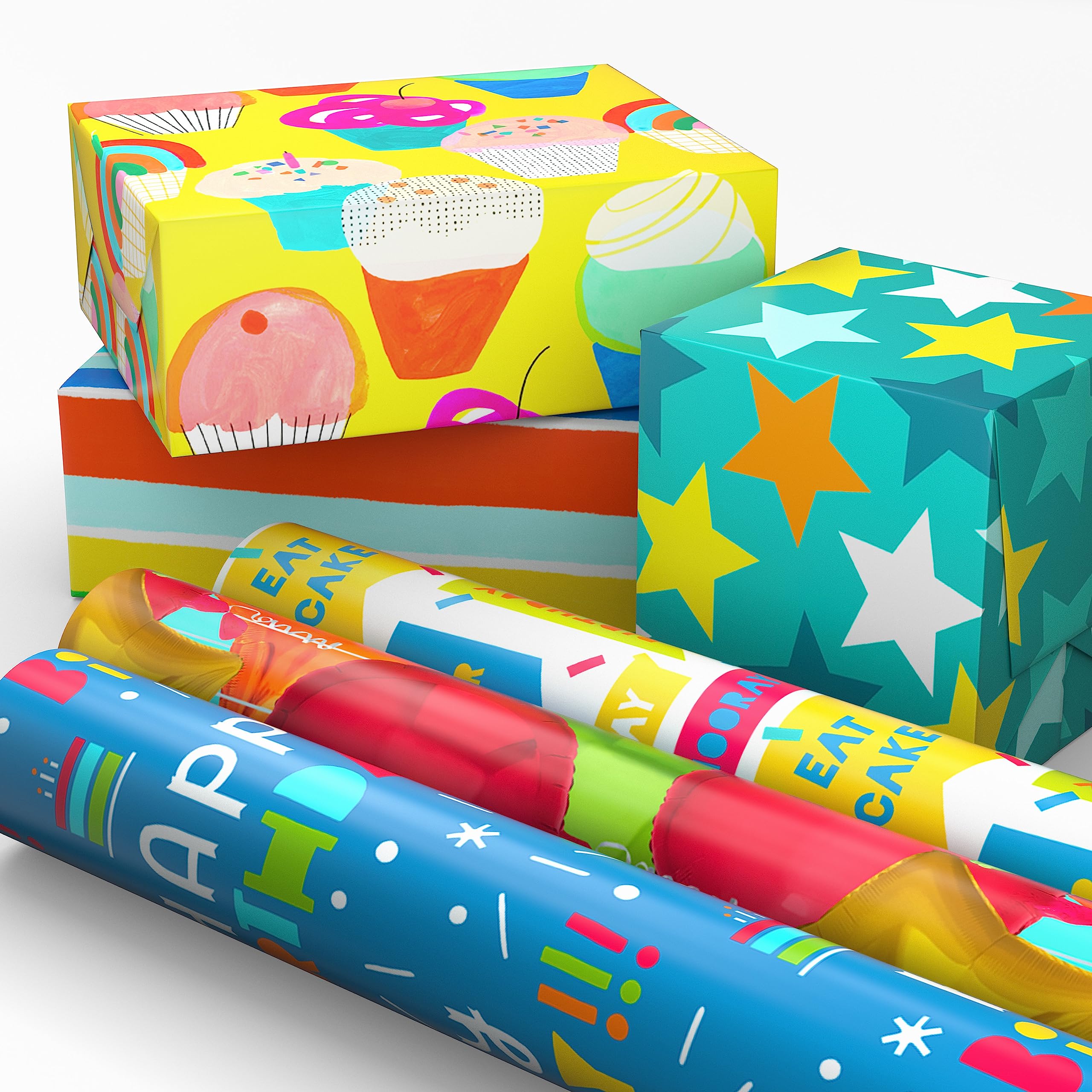 Hallmark Birthday Wrapping Paper Rolls - Stars, Stripes, Balloons, Cupcakes, Happy Birthday Gift Wrap Paper (Set of 6 Rolls: 180 sq. ft. ttl.)