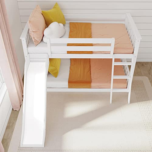 Max & Lily Solid Wood Twin over Twin Size Low Bunk Beds for Kids with Slide and Ladder, 400 lbs Weight Capacity, 14" Safety Guardrail, Anti-Slip Steps, White