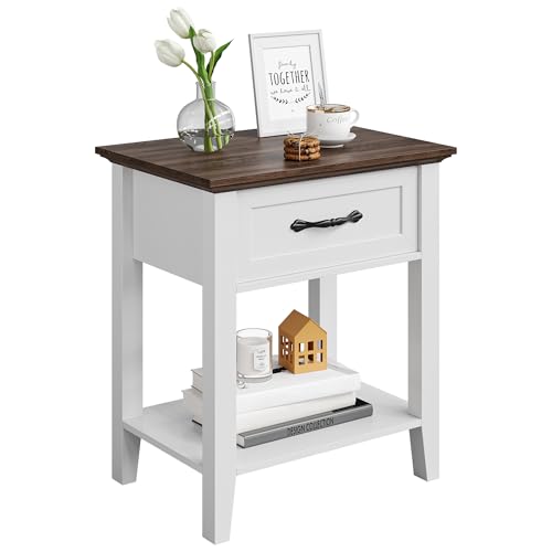 GarveeHome Nightstands, End Table with Drawer, Side Table for Living Room, 2 Tiers Storage Shelves Bedside Table for Study Room, Bedroom, Dorm, 2pcs-White