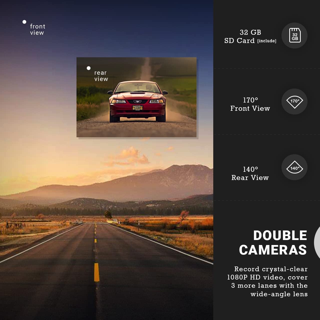 Dash Cam Front and Rear iiwey FHD 1080P Dual Dash Camera for Cars with 32GB SD Card, 3¡± LCD Screen Dashboard Camera