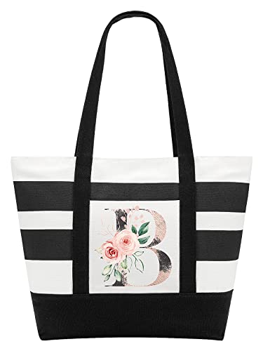PARBEE Initial Canvas Tote Bag, Stripe & Floral Monogrammed Tote Bag with Pocket Top Zipper, Large Beach Bags Monogram Gift for Women Bridal Shower Wedding Birthday Mom Teachers, B