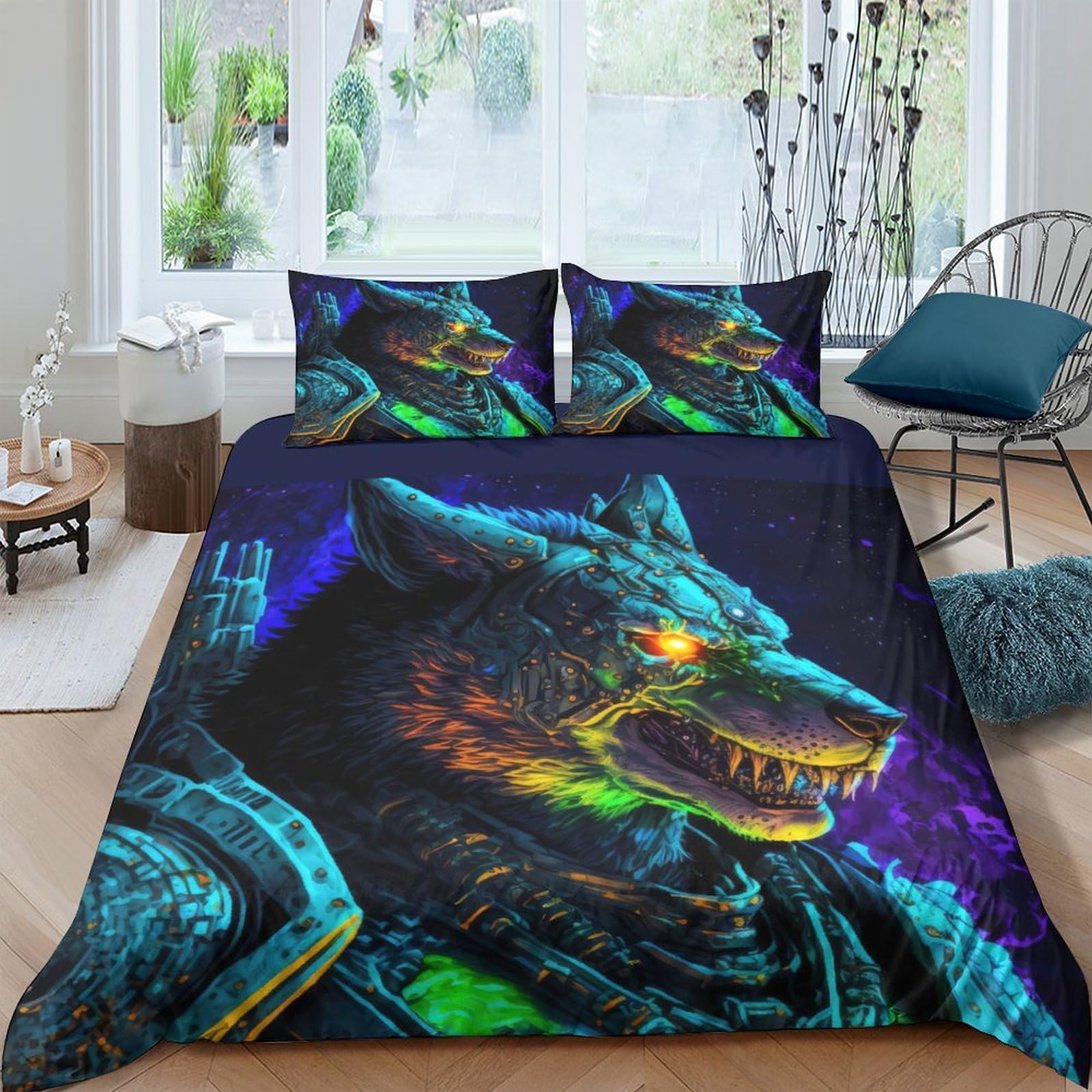 Cosmic Space Wolves Bedding Set Comforter Covers 3D Printed Quilt Cover Duvet Cover with Pillowcases for Childrens and Adults 3 Pieces Microfiber with Zipper Closure Queen(228x228cm)