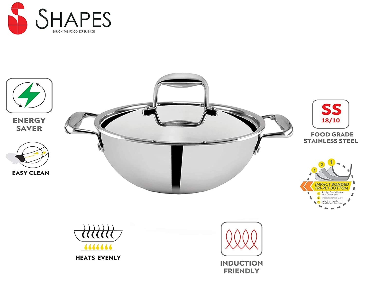 Shapes Stainless Steel Cookware Tri-Ply Wok with Lid, Multipurpose Pan, Capacity - 4 Quart, Silver - Use for Home, Kitchen and Restaurant - Easy to Clean and Dishwasher Safe