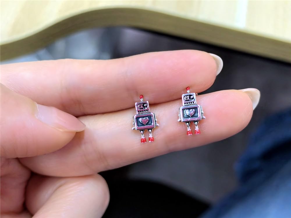 Cute Astronaut Sterling Silver Small Stud Earrings for Women Men Personalized Unique Robot Saucerman Love Heart Studs Tragus Post Hypoallergenic Unisex Jewelry (Robot)