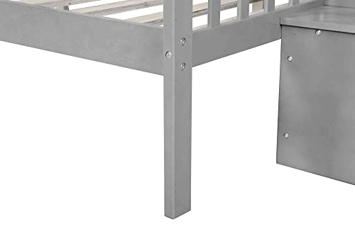 Cotoala Full Bunk Bed with Trundle, Wood Stairway Twin, Storage and Guard Rail, No Spring Box Needed, Grey, Twin Over Full