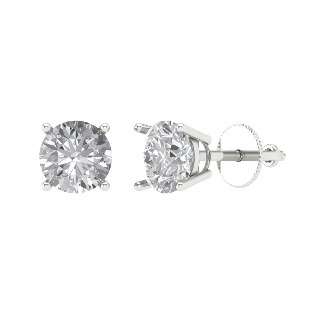 Clara Pucci 2.0 ct Round Cut Conflict Free Solitaire Genuine Moissanite Classic Designer Stud Earrings Solid 14k White Gold Screw Back