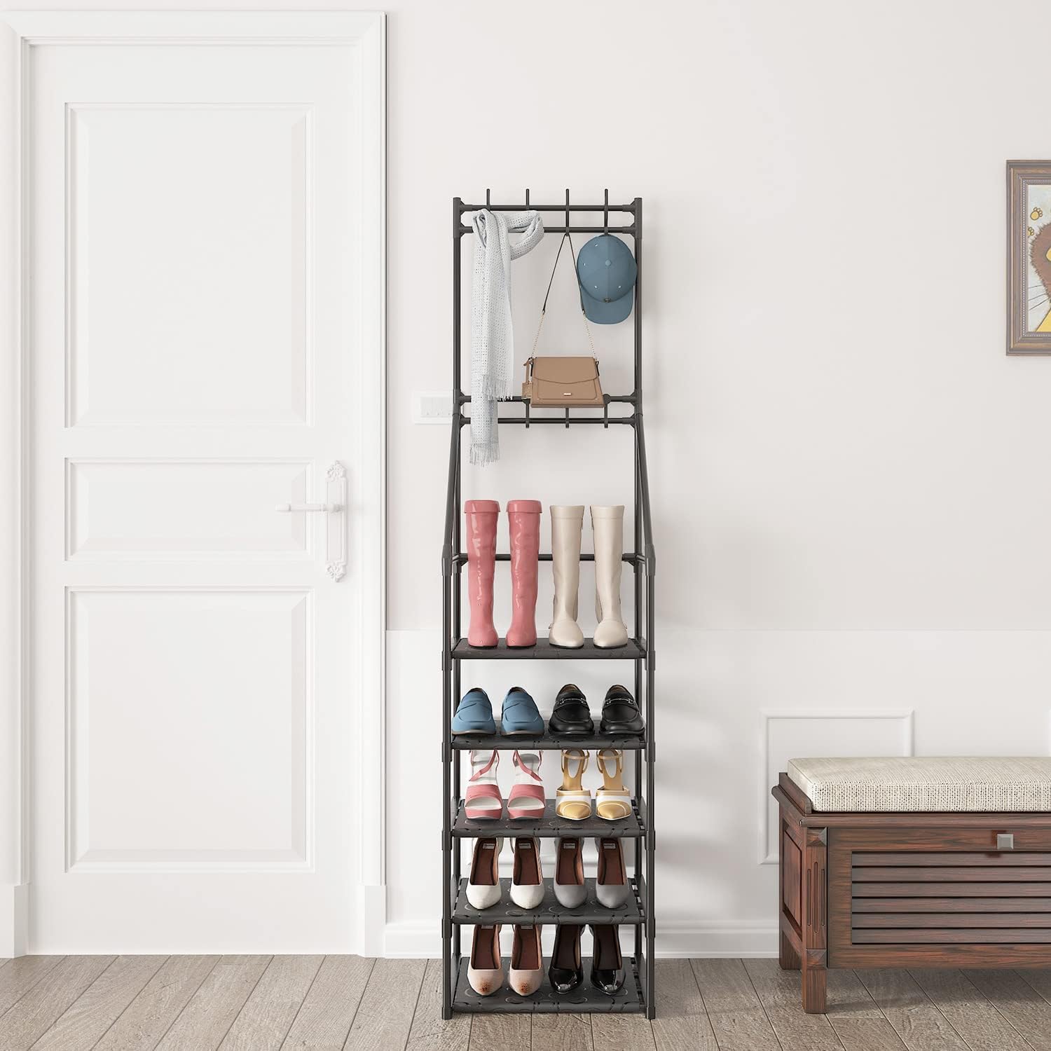 FDSDEFEN Entryway Coat Rack, Coat and Shoe Rack, Entryway Bench Storage Organizer with 8 Hooks for Bedroom (5-Tier )
