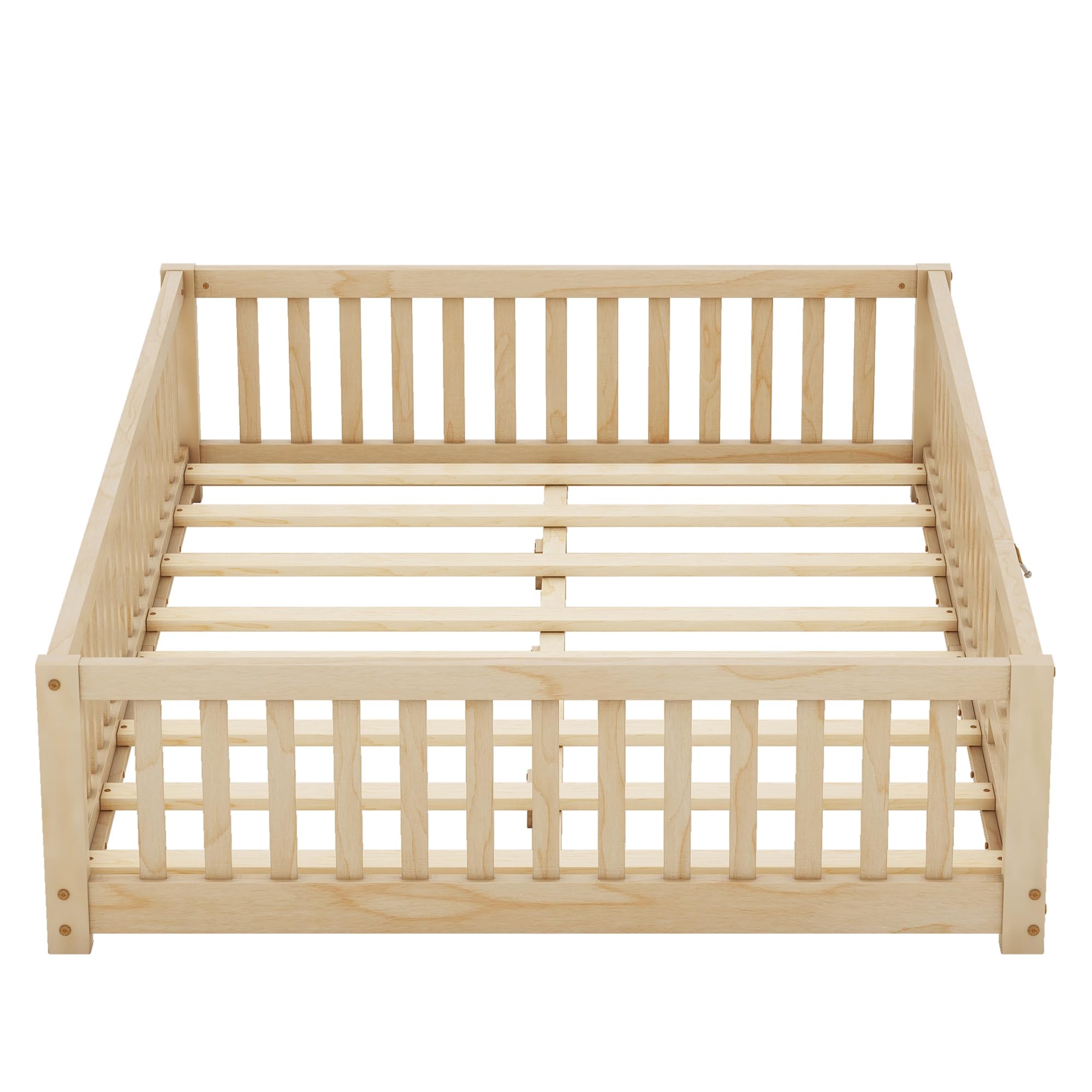 DNYN Full Size Floor Bed for Kids Bedroom,Solid Wood Bedframe w/Door/Safety Guardrails/Wood Slat Support/Easy Assemble/Space Saving Design/No Box Spring Needed, Natural