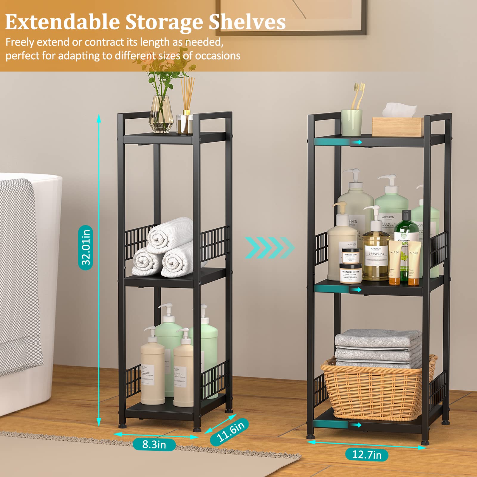 DAOUTIME 3-Tier Metal Shelving Unit, Expandable, Free-Standing, Narrow, Open Floor Shelves, Ideal for Bathroom, Kitchen, Laundry, Storage, Organization