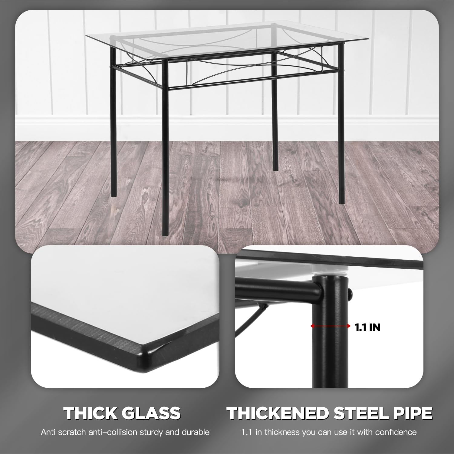 FDW Classic Dining Table Set 5 Piece,Metal Frame Glass Top Table and 4 Rectangular Modern Chairs Set,Suitable Small Space Kitchen Table Set for 4,Black