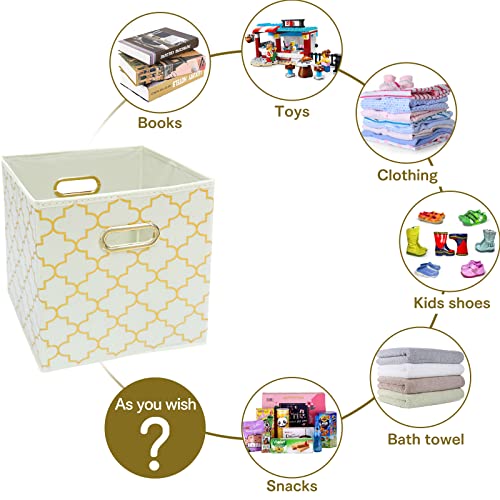 SEVENDOME Fabric Cloth Storage Bins,Fabric Cube Organizer with Dual Handles Foldable Cube Storage Baskets for Home Bedroom Storage,Set of 3,(Creamy-White Gold)