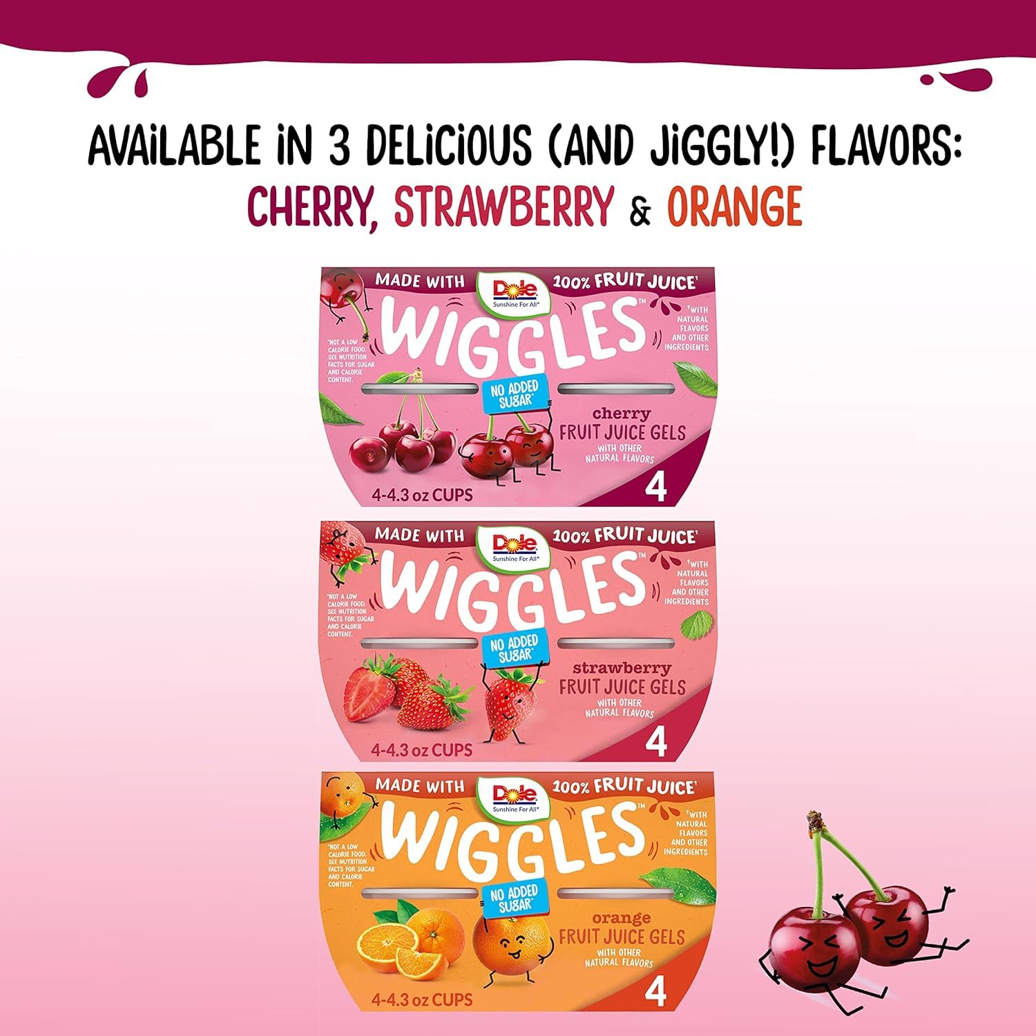 Dole Wiggles No Sugar Added Cherry Fruit Juice Gel Snacks, 4.3oz 24 Total Cups, Gluten & Dairy Free, Bulk Lunch Snacks for Kids & Adults
