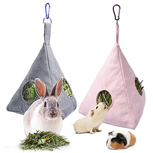 Rabbit Hay Feeder Bag,Bunny Hay Feeder Bag, Guinea Pigs Feeder Bag, Hanging Soft Burlap Feeder Bag with 3 Holes for Rabbit, Bunny, Guinea Pigs ,Hamster and Other Similar Size Animals (Pink)