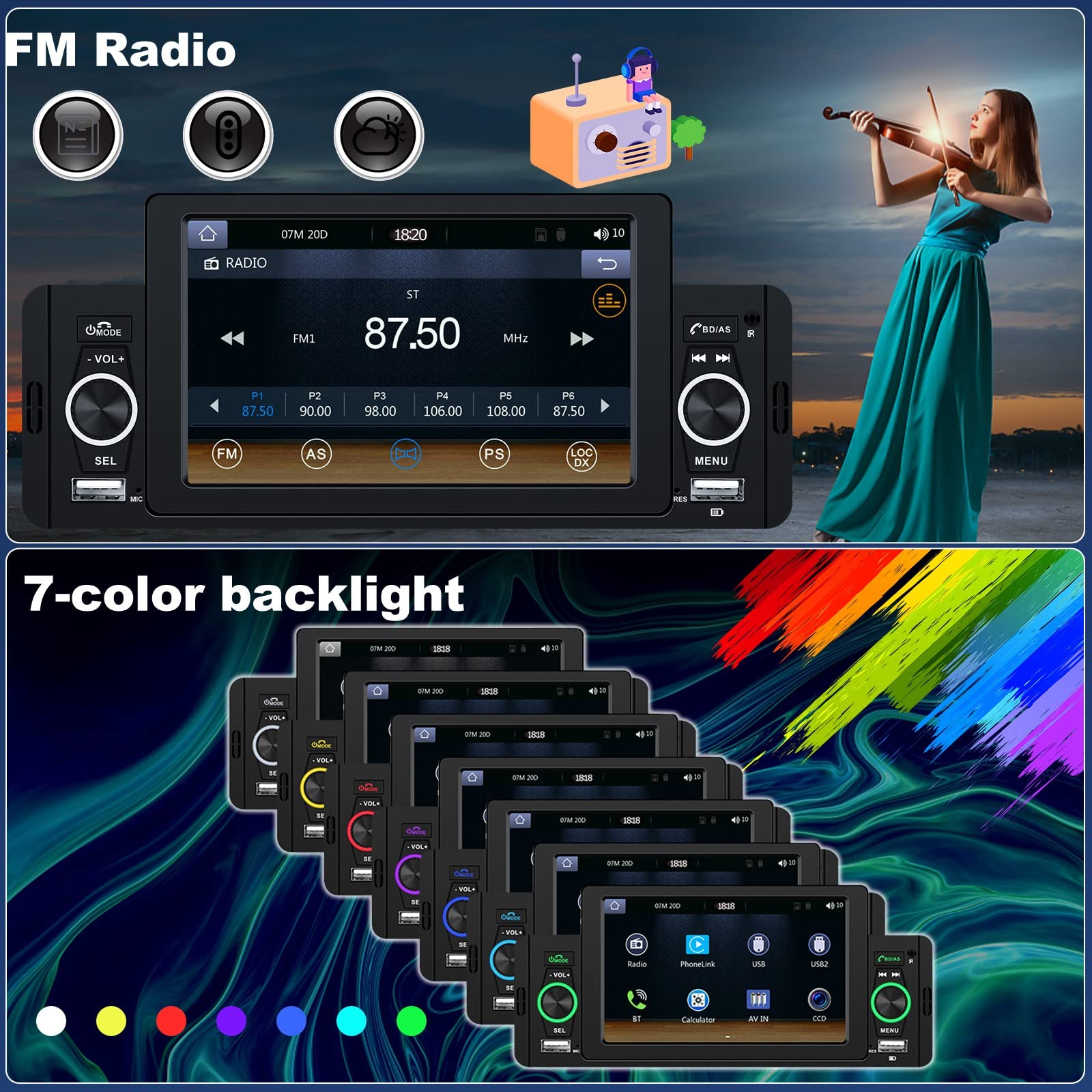 CAMECHO Single Din Car Stereo with Apple Carplay Android Auto, 5 Inch HD Touchscreen Radio Bluetooth FM, Mirror Link, Backup Camera Input, Remote Control, Fast Charging, USB Input, Car Audio
