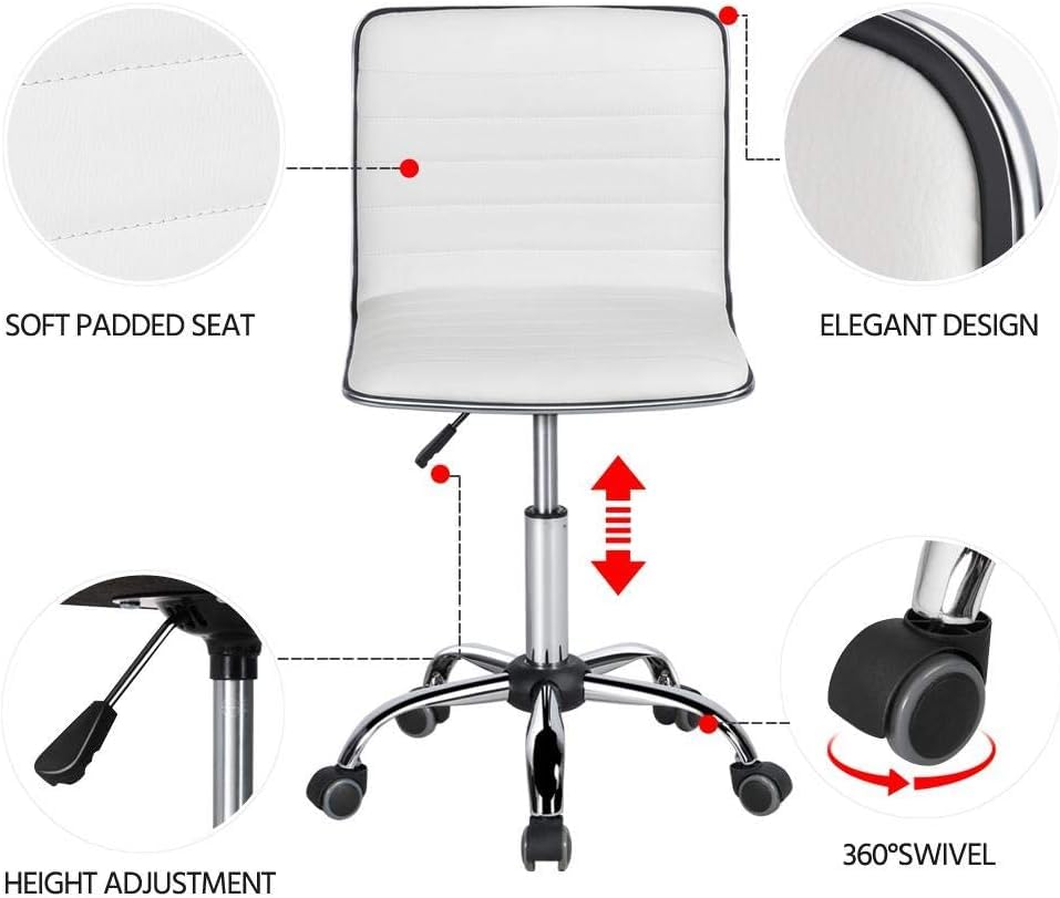 BRISKAIR Adjustable Task Chair PU Leather Low Back Ribbed Armless Swivel White Desk Chair Office Chair with Wheels