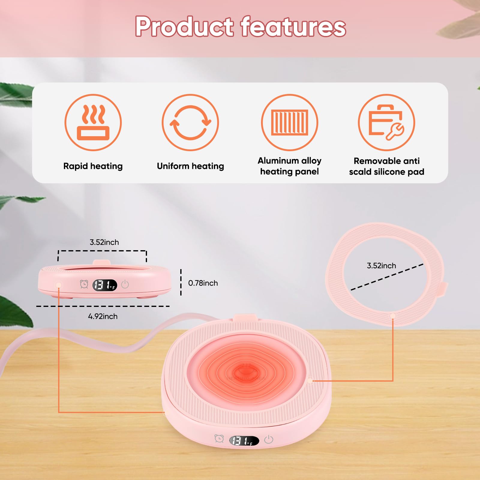 Coffee Mug Warmer, SAINSWIN Smart Coffee Cup Warmer for Desk with Settable Heat Preservation Time,Electric Beverage Warmer with TEM/TIME Display for Coffee, Milk, Tea and Hot Chocolate (Up to 149β)
