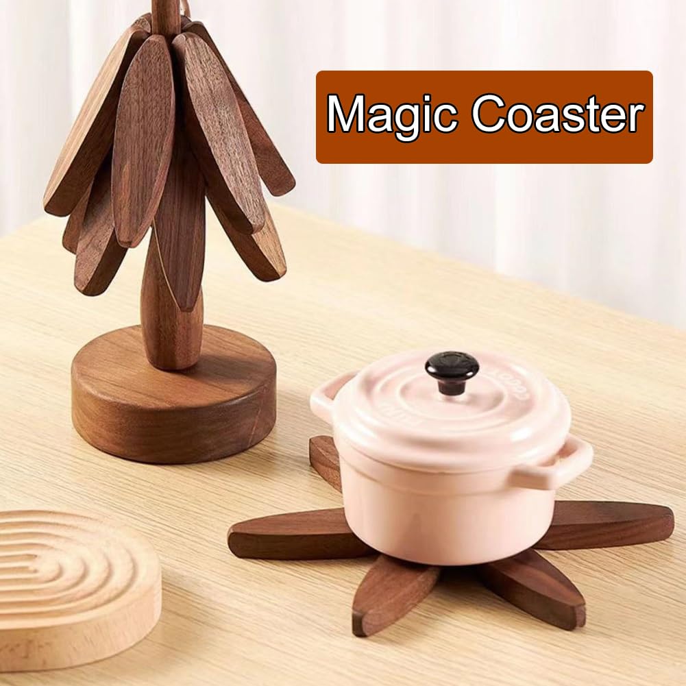 Generic Wooden Tree Coaster,Wooden Tree Coaster for Hot Dishes,Tree Shape,Trivets for Hot Dishes,3 Wooden Trivet + 1 Stand (Brown)