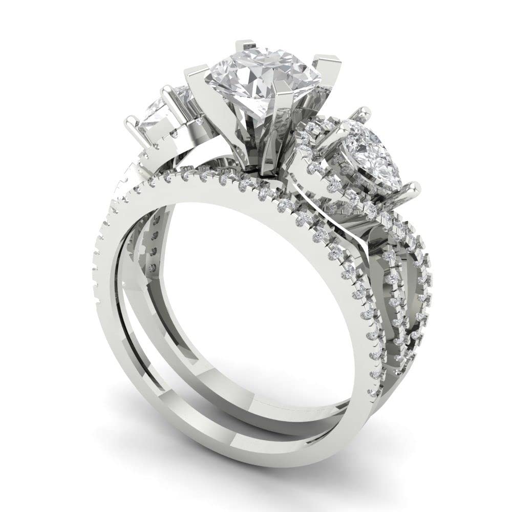 Clara Pucci 2ct Round Cut Solitaire 3 stone Created White Sapphire Engagement Promise Anniversary Bridal Ring Band set 14k White Gold 7