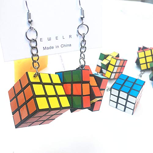 Cute Real Magic Cube Dangle Earrings Necklace Puzzle Cube Can Play Creative Cartoon Funny Earrrings for Women Girls (Earrings)