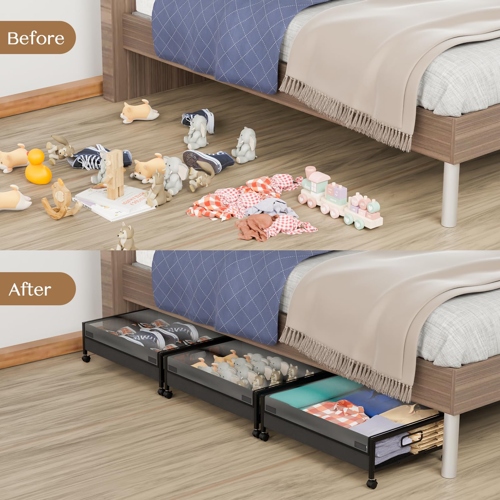Futego Under Bed Storage with Wheels,2 Pack Under bed Storage Containers with Clear Lids,Rolling Underbed Organizer Drawer Bins with Sturdy Handles for Bedroom Closet Clothes Shoes Toys Books Blankets