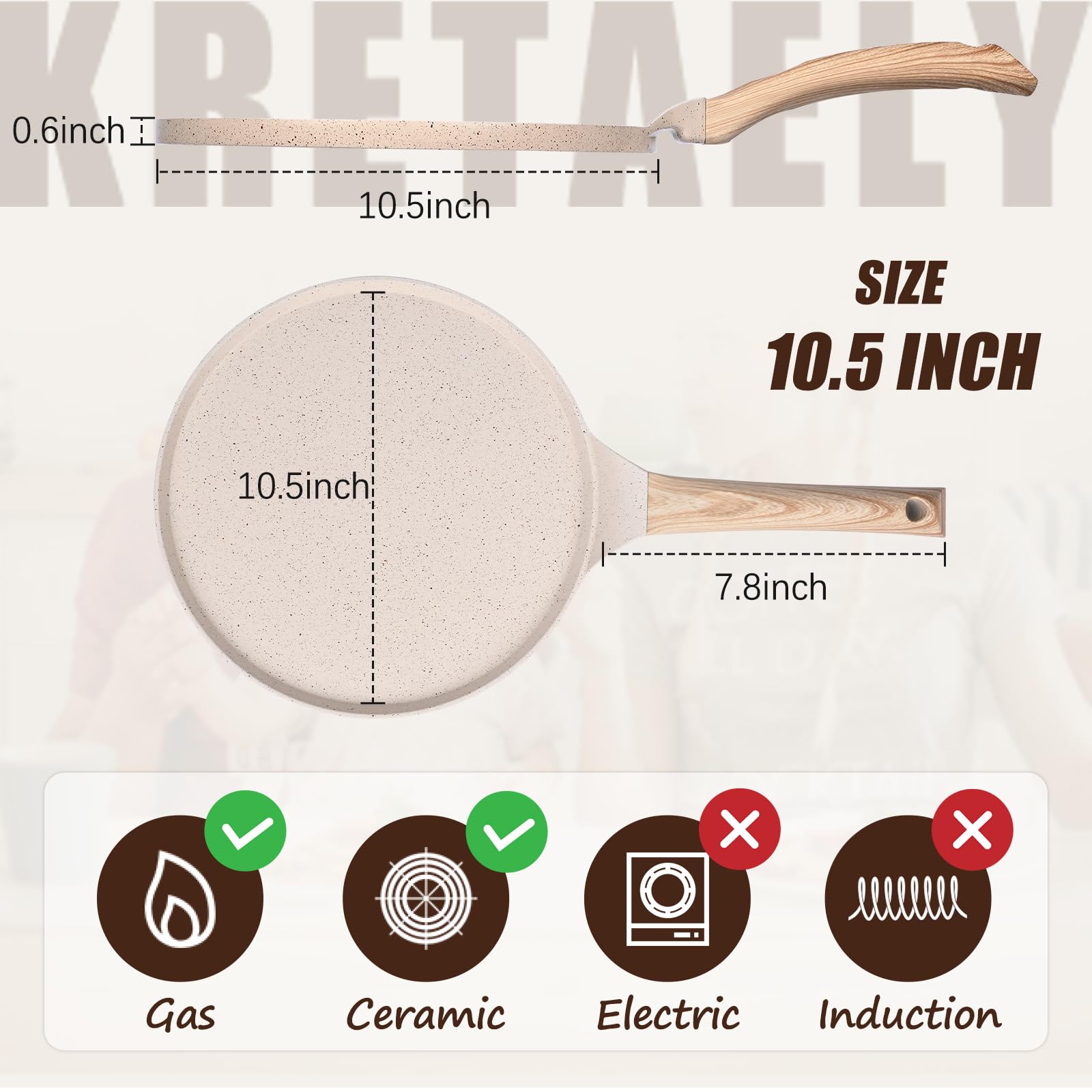 KRETAELY Dosa Pan Nonstick Crepe Pan Pancake Frying Pan with Granite Coating 10.5 inch Pancake Pan PFOA Free Easy to Assemble