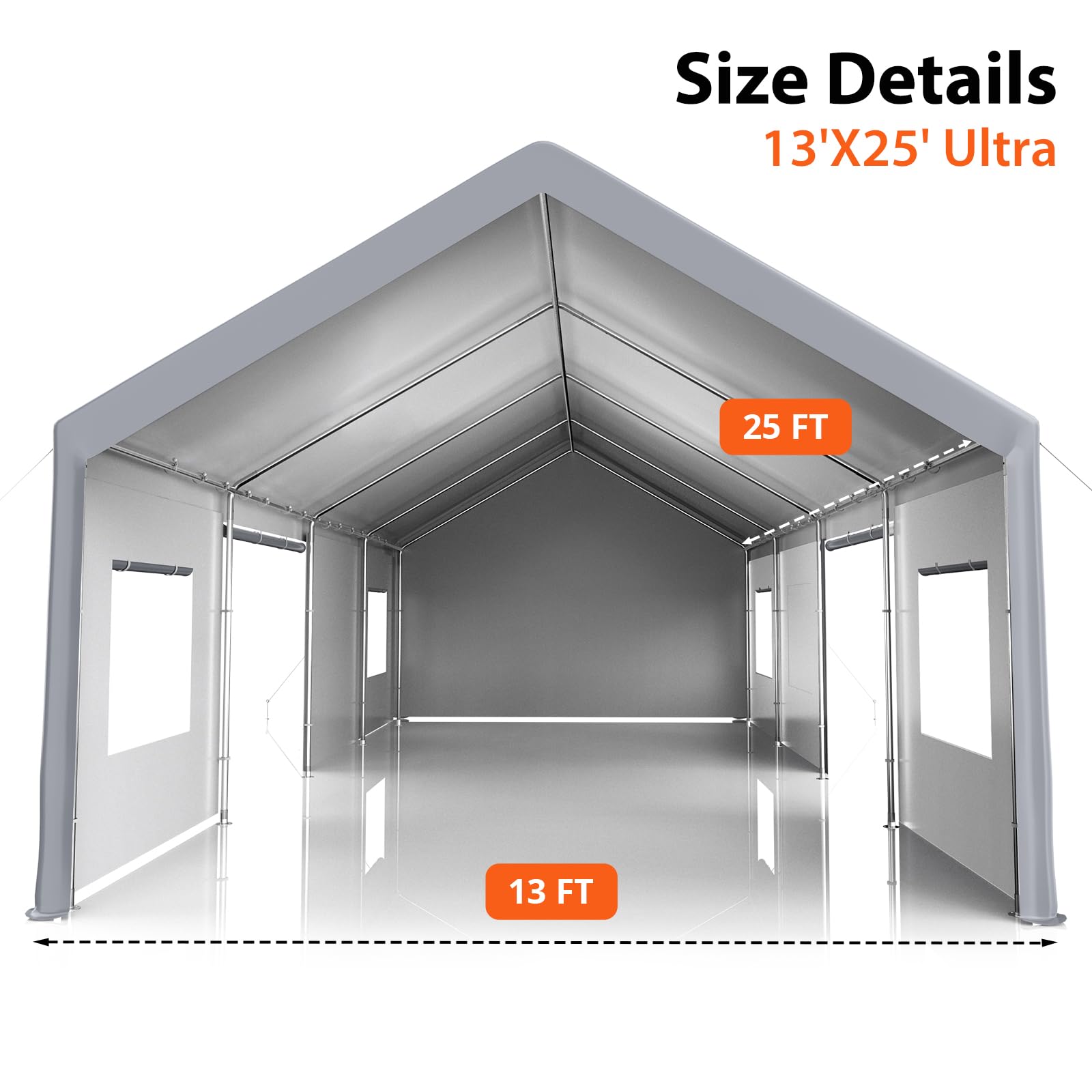 GarveeTech Carport,Iron Pipe + Pe Carport, 13x25FT All-Inclusive with 4 Doors &4Windows, Portable Garage with Removable Sidewalls & Doors, All-Season Tarp,Completely Waterproof and Sunproof,Grey