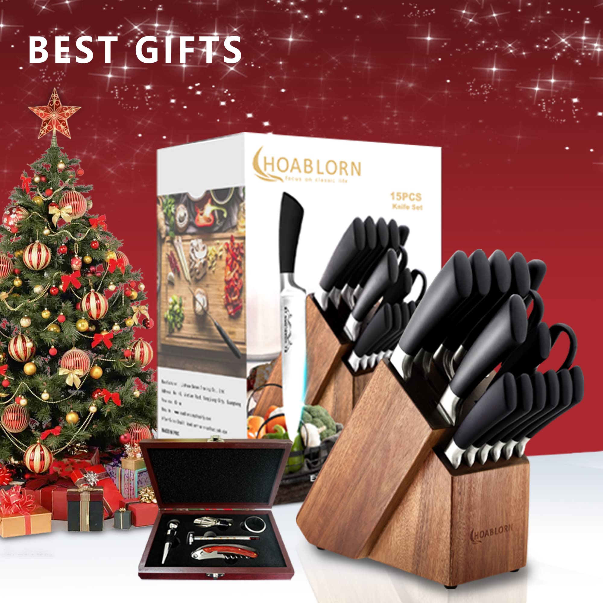 Kitchen Knife Set with Block,HOABLORN Acacia Wood Block Knife Set 15 Pcs with Extra Wine Set,Professional Knives Set for Chefs Family,Best Kitchen Gifts for Housewarming