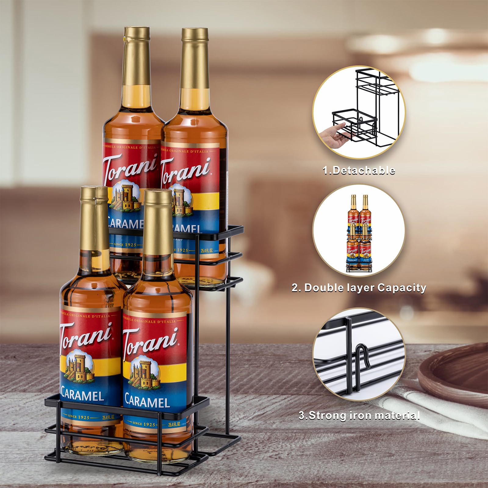 Coffee Syrup Organizer Rack, (4 Bottle Capacity),2 Tier Coffee Syrup holder for Coffee Bar Accessories,Kitchen,Storage for Syrup, Wine, Dressing(Black)