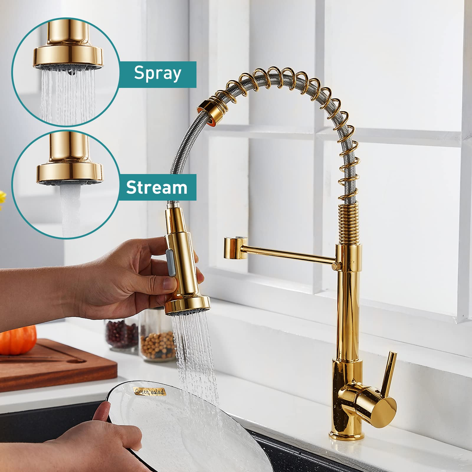 FVITA Polished Gold Kitchen Faucet with Pull Down Sprayer,Lead-Free Solid Brass 16.1'' Kitchen Sink Faucet Single Handle Spring Swan Neck Faucet High Arc Single Hole Faucet for Kitchen Sink