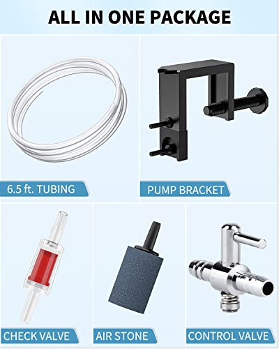 Pawfly Mini Aquarium Air Pump for 3-20 Gallon Nano Fish Tanks 15 GPH Oxygen Aerator Pump with Bracket Airline Tubing Air Stone Control Valve and Check Valve Accessories