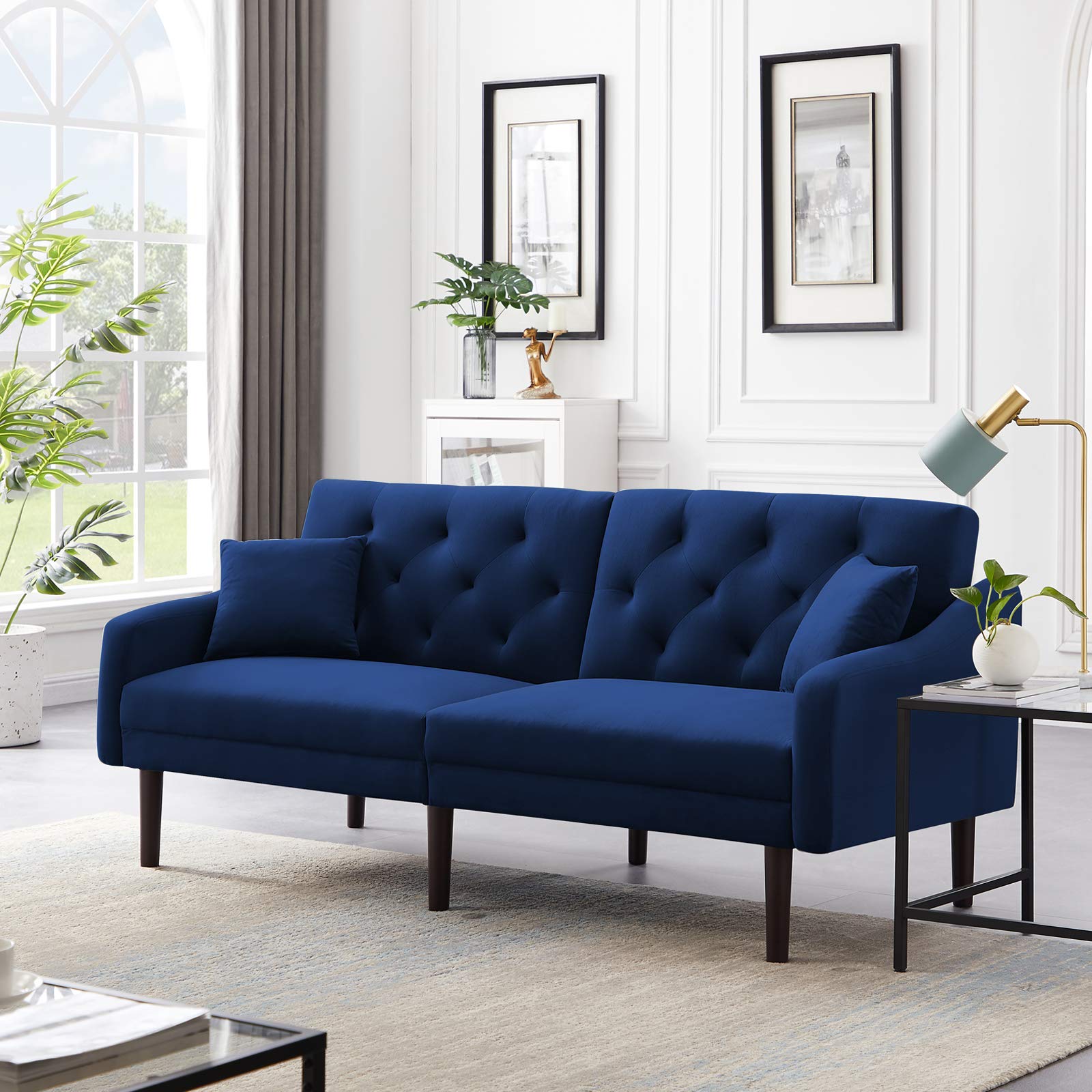 Olela Futon Sofa Bed Convertible Couch Bed with Armrests Modern Living Room Velvet Sofa Bed, Folding Recliner Futon Couch Sleeper Set with Wood Legs,Blue