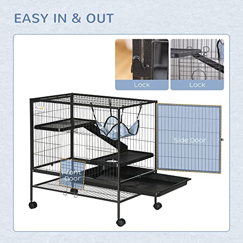 PawHut Small Animal Cage with Hammock, 3 Tiers Ferret Cage with Storage Shelf, Chinchilla Cage Sugar Glider Cage, Strong Metal Wire, Removable Tray