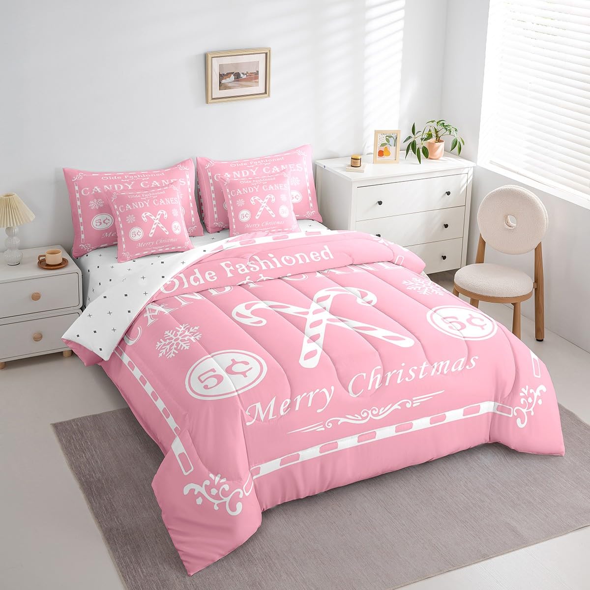 Feelyou Christmas Bedding Set 7 Pieces King Size Kids Christmas Quote Bedding Set Teens Candy Canes Print Comforter Set Xmas Pink White Bed in a Bag (Comforter, Sheets, Pillowcases & Cushion Covers)