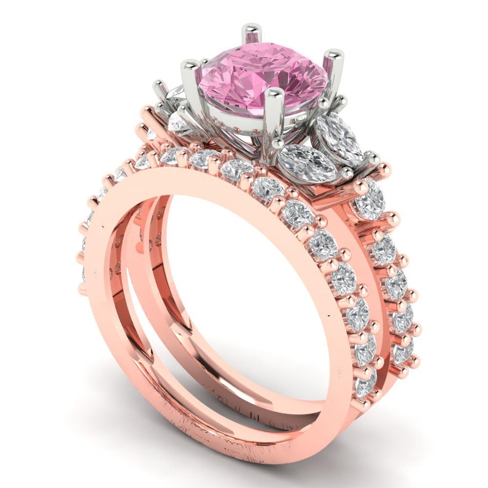 Clara Pucci 2.66 carat Round Shape 3 stone Pink Zircon Engagement Wedding Anniversary Bridal ring band set 14k Rose White Gold 4.25