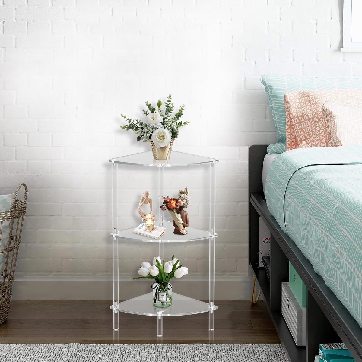 KSary Bathroom Corner Shelf Stand, 3 Tier Solid Acrylic Display Shelf for Narrow Space, Shower Corner Shelf, Plant Stand Nightstand, for Living Room, Bedroom, Home Office