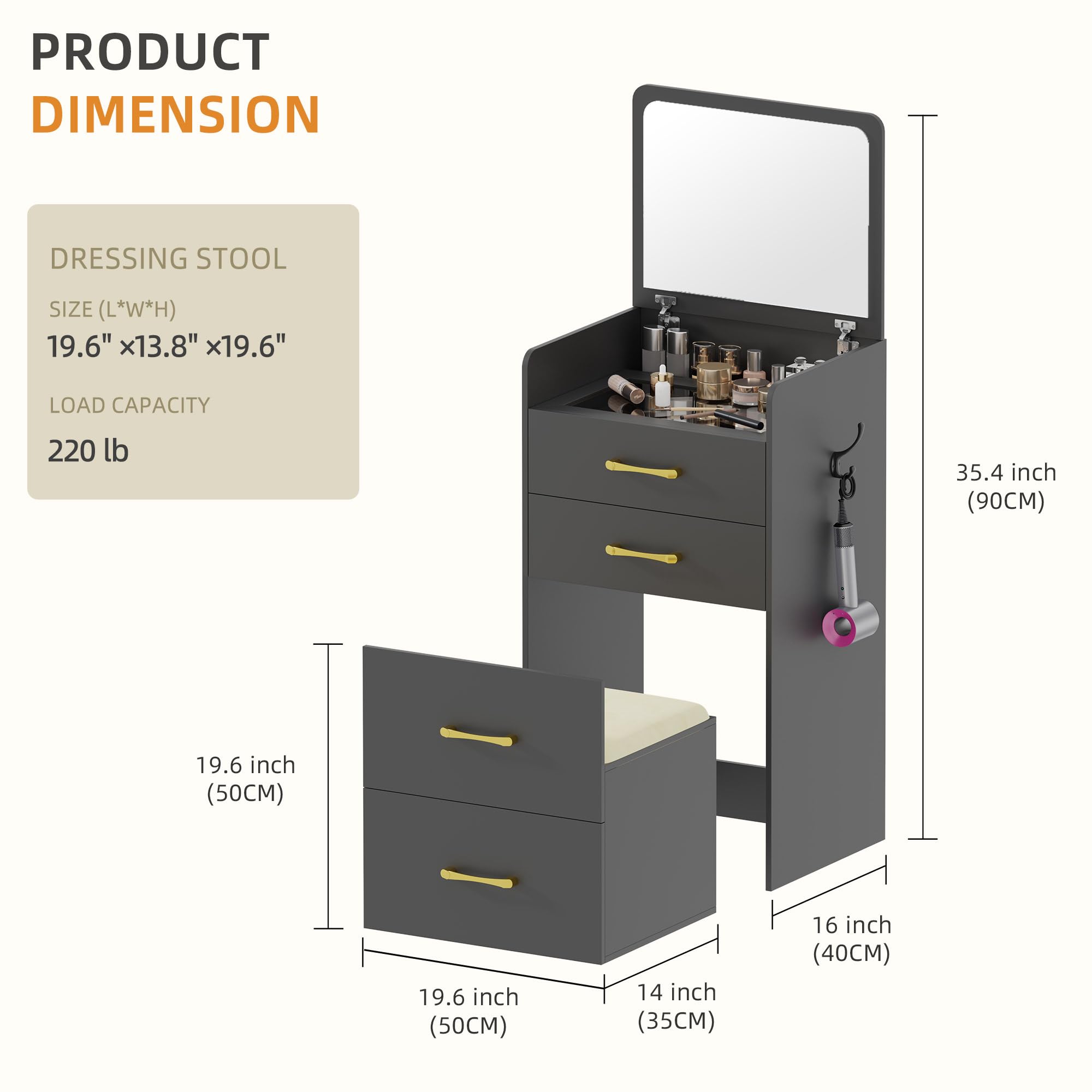 Gurexl 3 in 1 Vanity Desk with Plip Top Mirror,Compact Makeup Vanity with 3 Drawers,Cushioned Tool,Dressing Table for Bedroom,Small Make Up Vanity Set with Visible Glass Desktop,Black