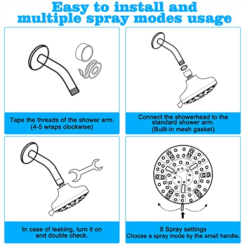 Shower Head, REHAVE Rainfall ShowerHead, 5.1 Inches High-Pressure with 63 Jets 8 Spray Modes - Replacement for Bathroom Shower Heads - Anti-Clogging Silicone Nozzles, Brass Angle-adjustable Ball Joint