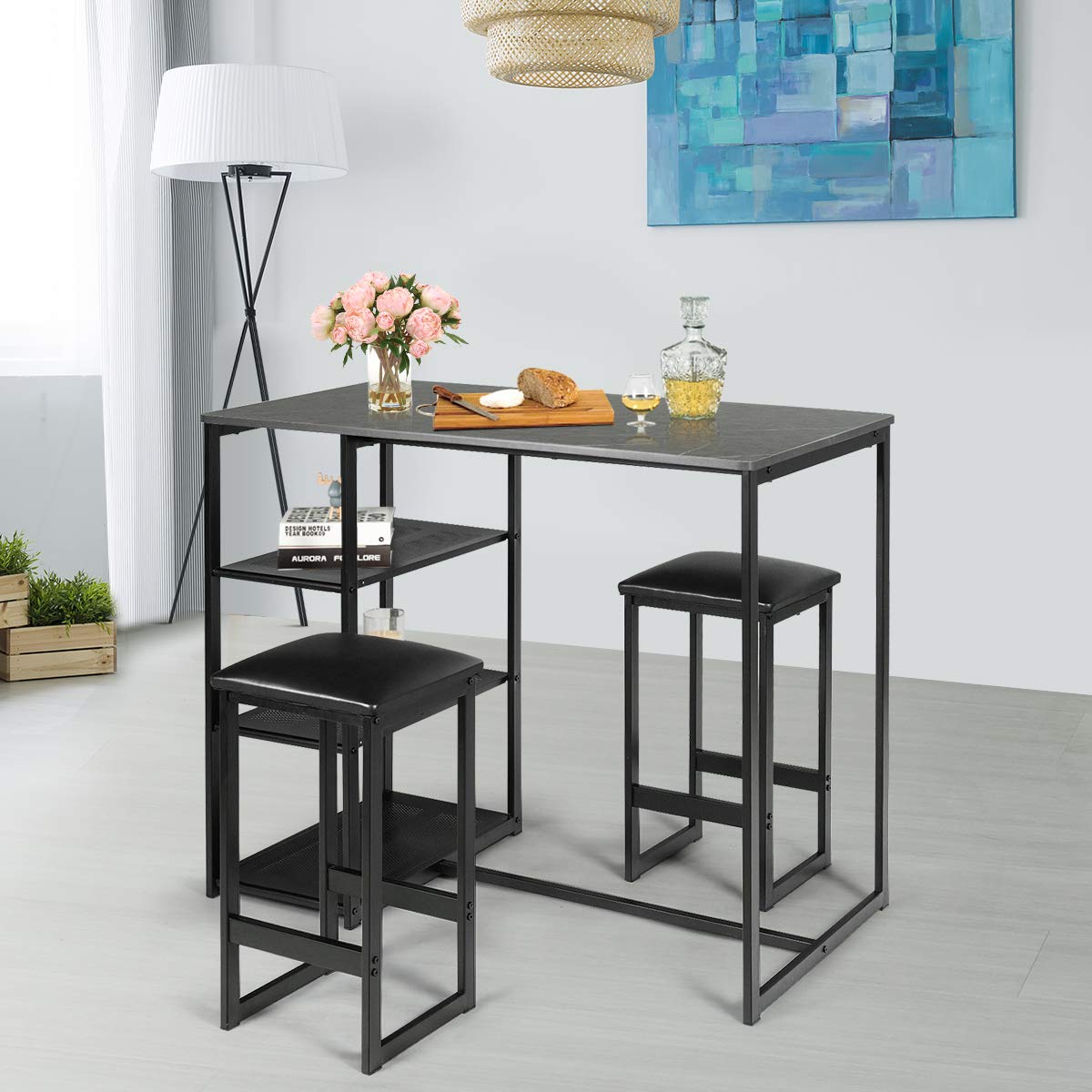 COSTWAY 3-Piece Dining Set, Compact 2 Chairs and Table Set, Kitchen Set with Rectangular Faux Marble, 3 Metal Storage Shelves, Fashionable Simple Style, Kitchen Counter Height Table Set (Gold)