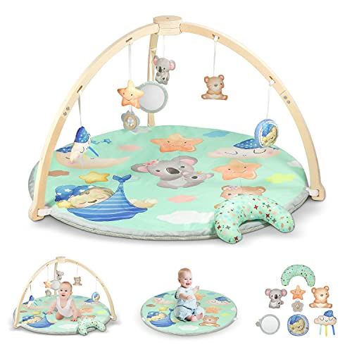 FEISIKE Wooden Baby Activity Gym & Play Mat, Stage-Based Sensory and Motor Skill Development, Thick Non-Slip Design Tummy Time Mat Washable