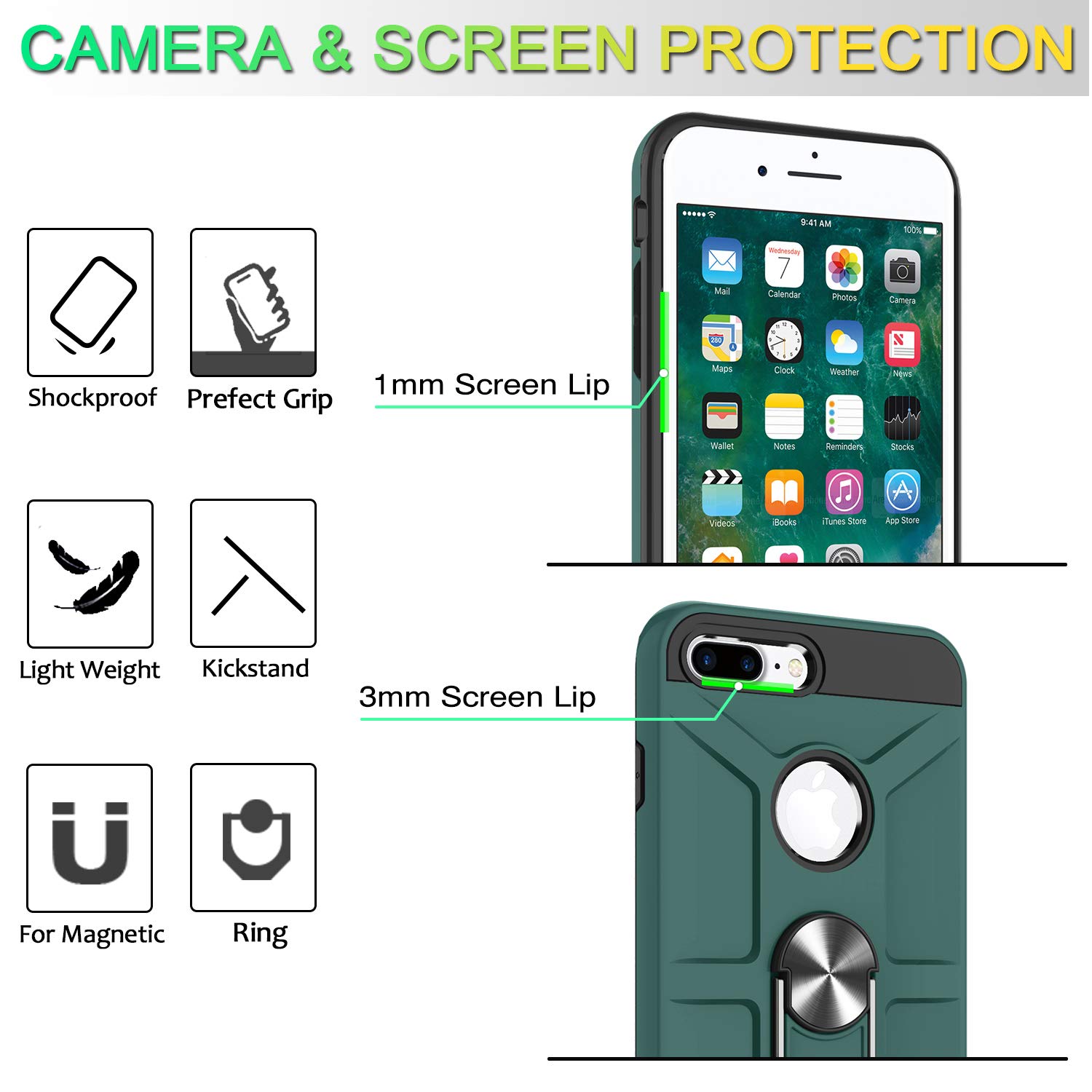 Compatible for iPhone 8 Plus Case, iPhone 7 Plus Case with HD Screen Protector, Atump Magnetic Ring Kickstand [Military Grade] Protective Phone Case for iPhone 8/7/6/6s Plus, Midnight Green