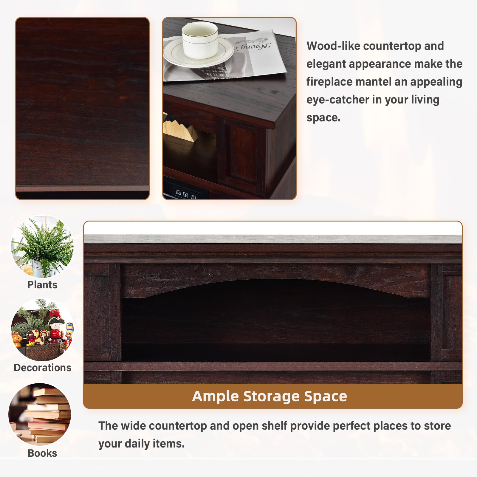 COSTWAY 32-inch Electric Fireplace with Mantel, 1400W Adjustable Freestanding Heater with Remote Control, Thermostat Design, 6H Timer, 3D Flame Brightness, Mantel Fireplace for Living Room, Brown