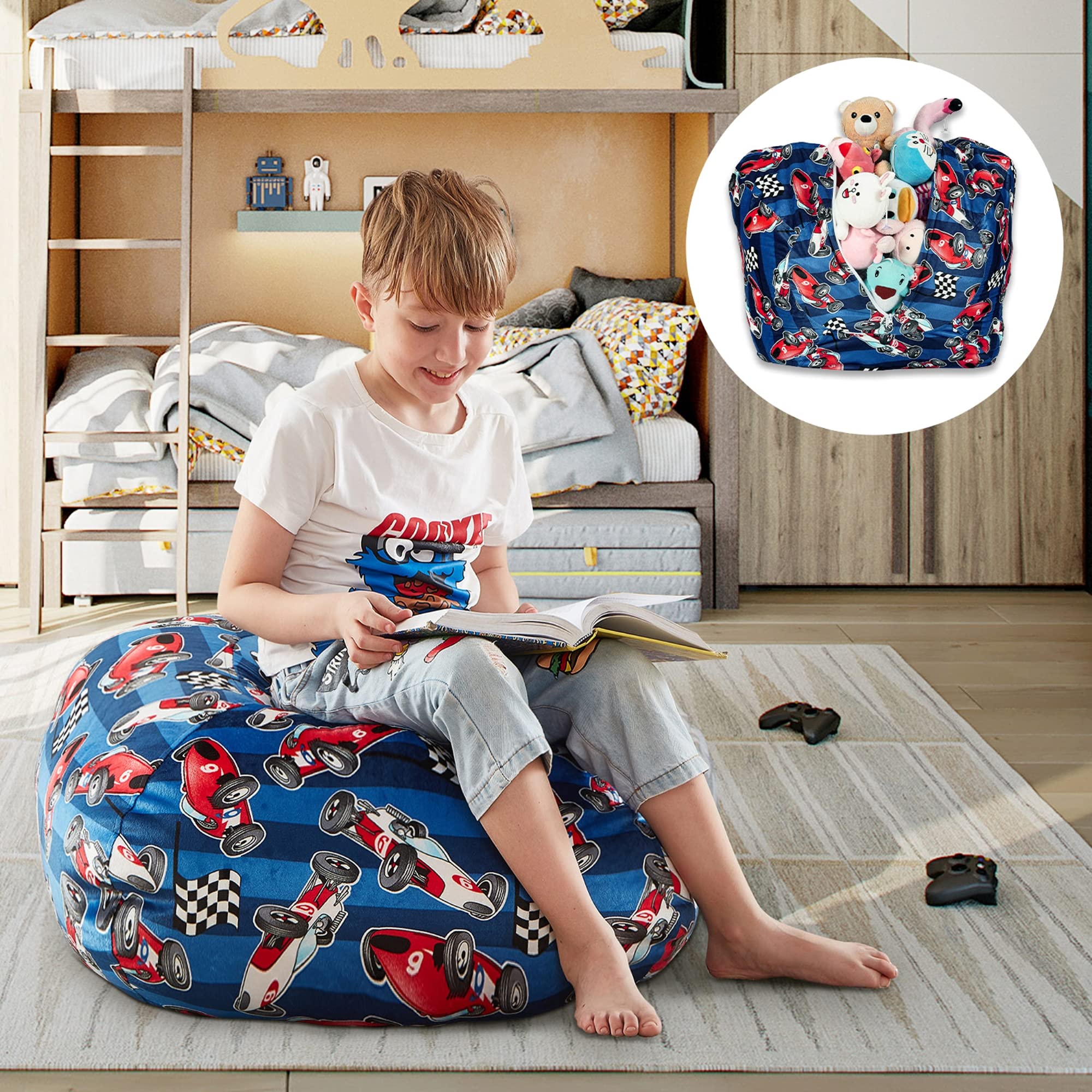 Loungie Stuffed Animal Storage Bean Bag - Stuffable Zipper Bean Bag Cover 32" x 32", Racecar Blue