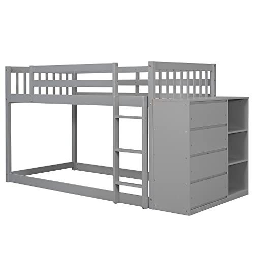 Harper & Bright Designs Twin Over Twin Bunk Bed with Storage, Wood Floor Bunk Beds with 4 Drawers & 3 Shelves, Low Bunk Bed, Twin Loft Bed for Kids, Girls Boys, Teens, Adults (Gray)