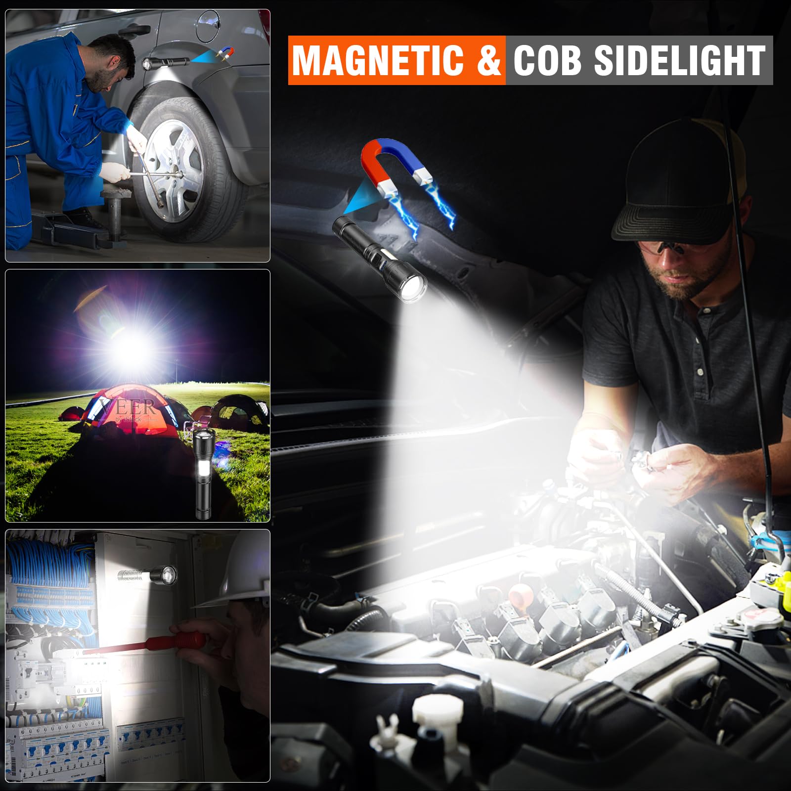 DanByte Rechargeable Tactical LED Magnetic Flashlight, Super Bright 100000 Lumens Flashlight High Lumens with IPX7 Water-Resistant,Zoomable,Small Rechargeable Flashlight for Camping Emergency