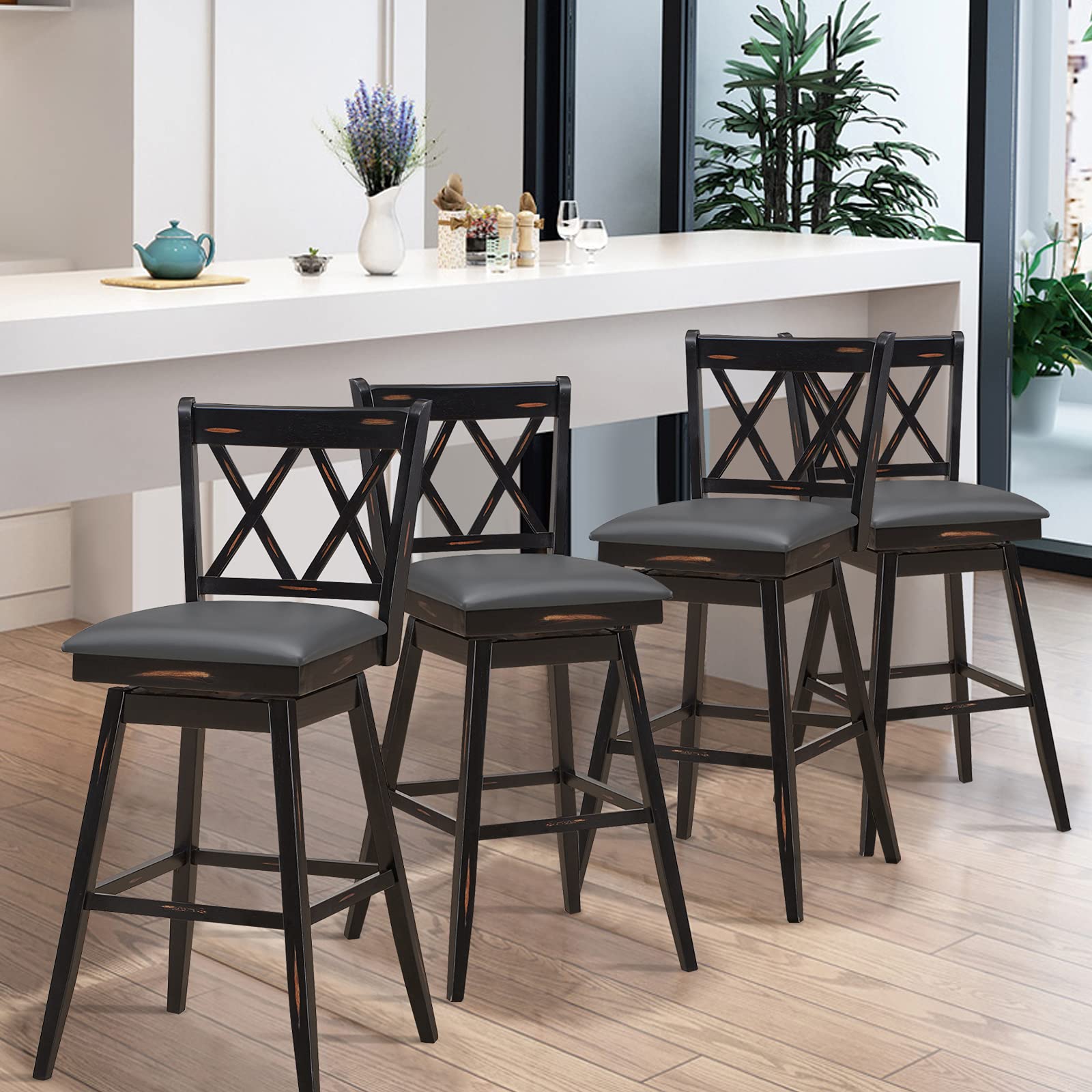 COSTWAY Bar Stool Set of 2, 360 °Swivel Counter Height 29.5 inch Bar Stool with Foot Rest Upholstered Cushion & Ergonomic Backrest, Premium Foot Rest & Sturdy Frame (4, Black + Grey)